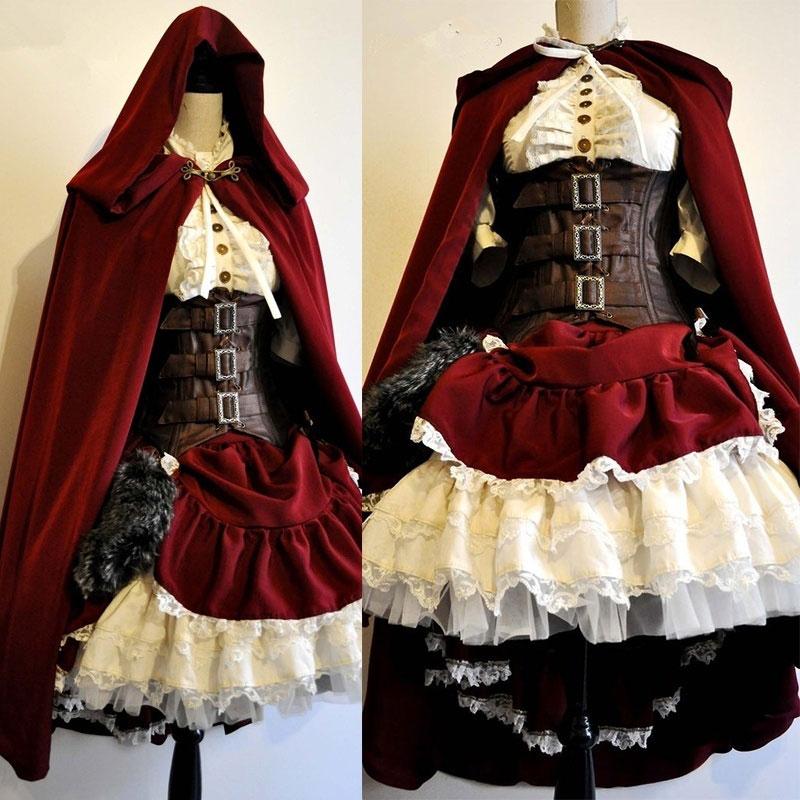 Buy Women Fashion New Vintage Lolita Mini Lace Dress+hooded Cloak Red ...