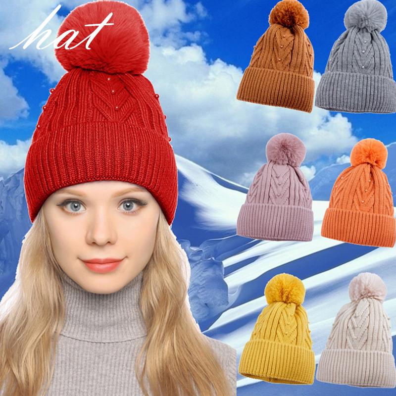 Women Curling Button Cap Hat Winter Warm Thickened Knitted Ball Caps ...