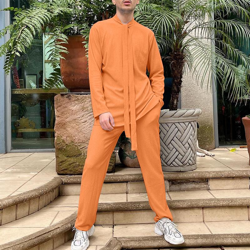 Buy INCERUN Spring 2 Pcs Men's Long Sleeve Tops & Trousers Solid Color ...