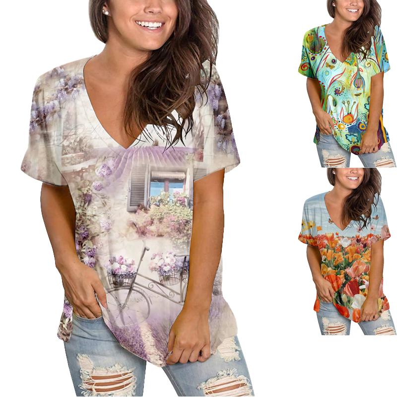 Buy Summer Leisure Women Scenery Under The Window Print Upgrade Peach-shaped V-neck Sleeveless ...