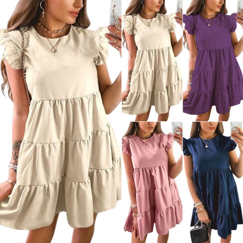 Buy Women Ruffle Dress A Line Summer Short Sleeve Sundress Casual Loose ...