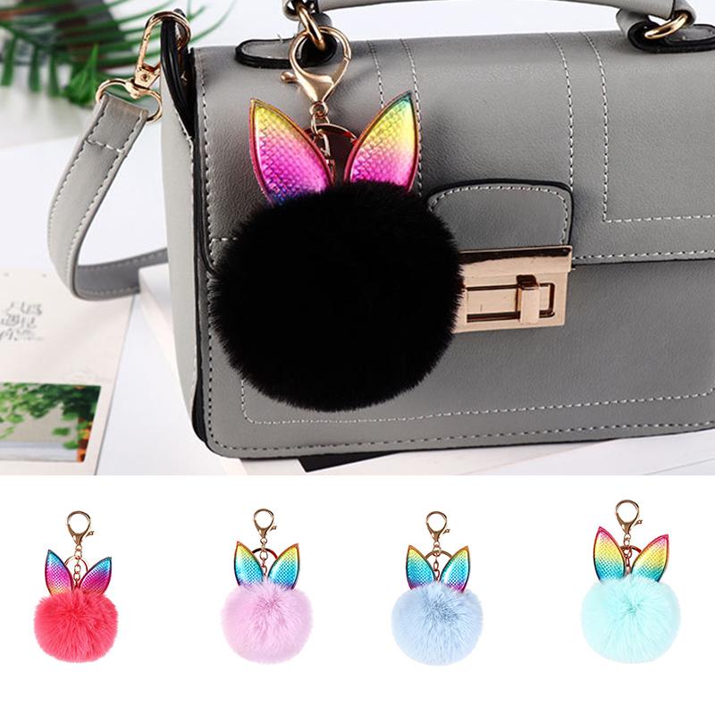 Buy 13Colors Decor Pom Pom Cute Rabbit Ear Keyring Fur Ball Keychain ...
