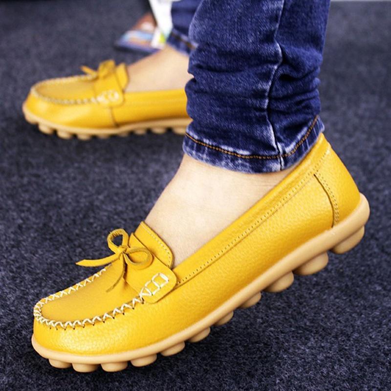 Buy Women Casual Genuine Leather Flat Bow Tide Shoes Summer Breathable ...