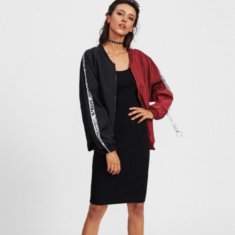 Buy Women Patch Back Ribbon Detail Two Tone Bomber Jacket at affordable ...