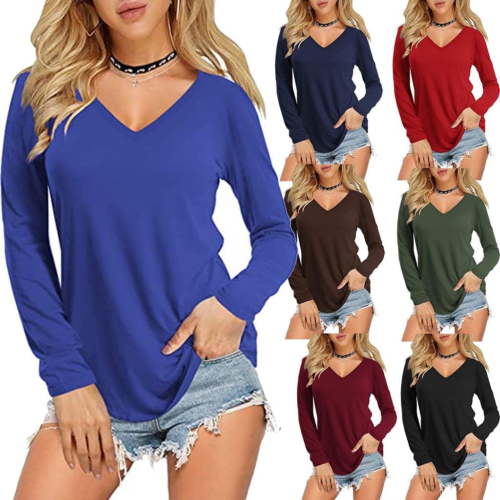 Buy Cute Lady Fashion Women Top Solid Color Loose Long Sleeve V-Neck ...