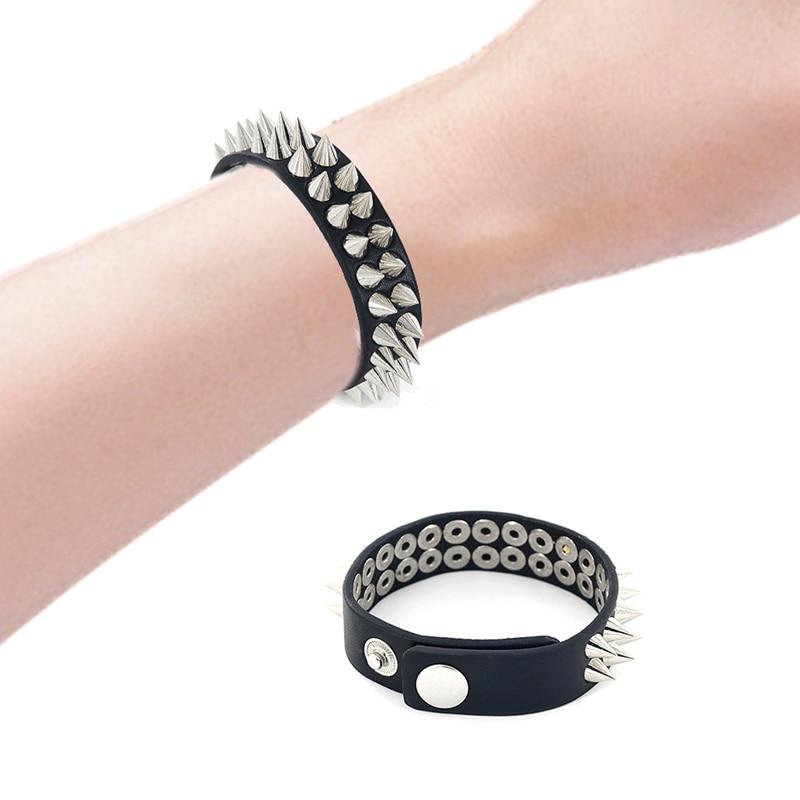 Gothic Delicate Cuspidal Spikes Rivet Cuff Black Leather Bracelets ...