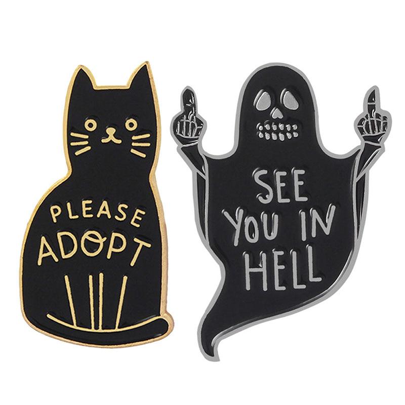 Black Ghost Middle Finger Contempt Gesture Pins See You In Hell Badge ...