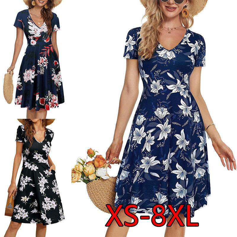 Buy Women's High Fashion V-Neck Versatile Plus Size Flower Dress XS-8XL ...