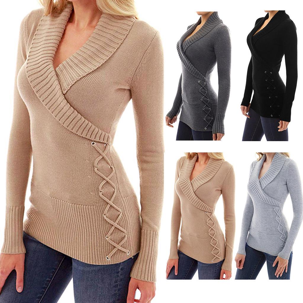 Buy Women Wrap Front Cross V Neck Long Sleeve Jumper Pullover Tops Knit ...
