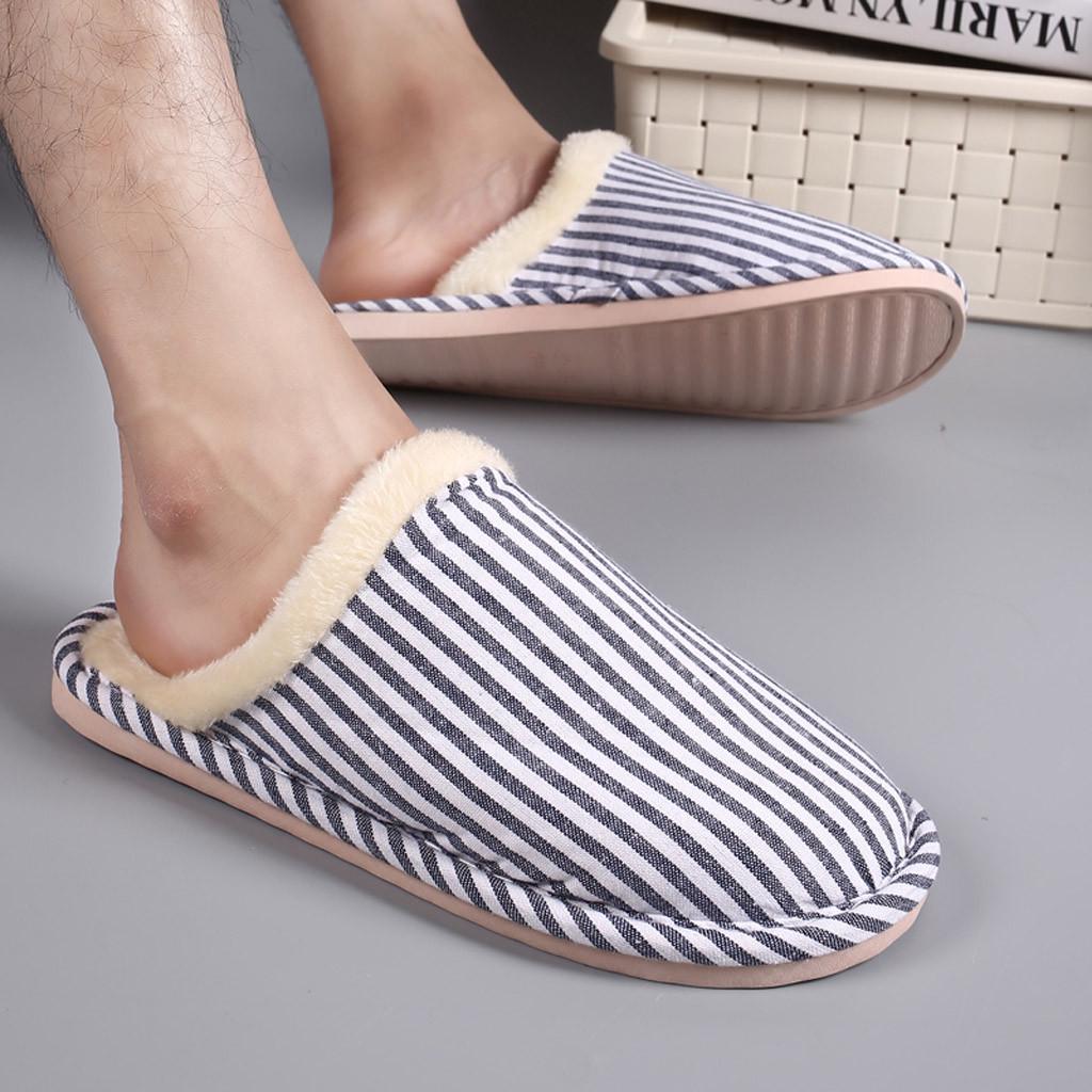 Buy LEADER Couples Striped Flock Warm Non-slip Floor Home Slippers ...