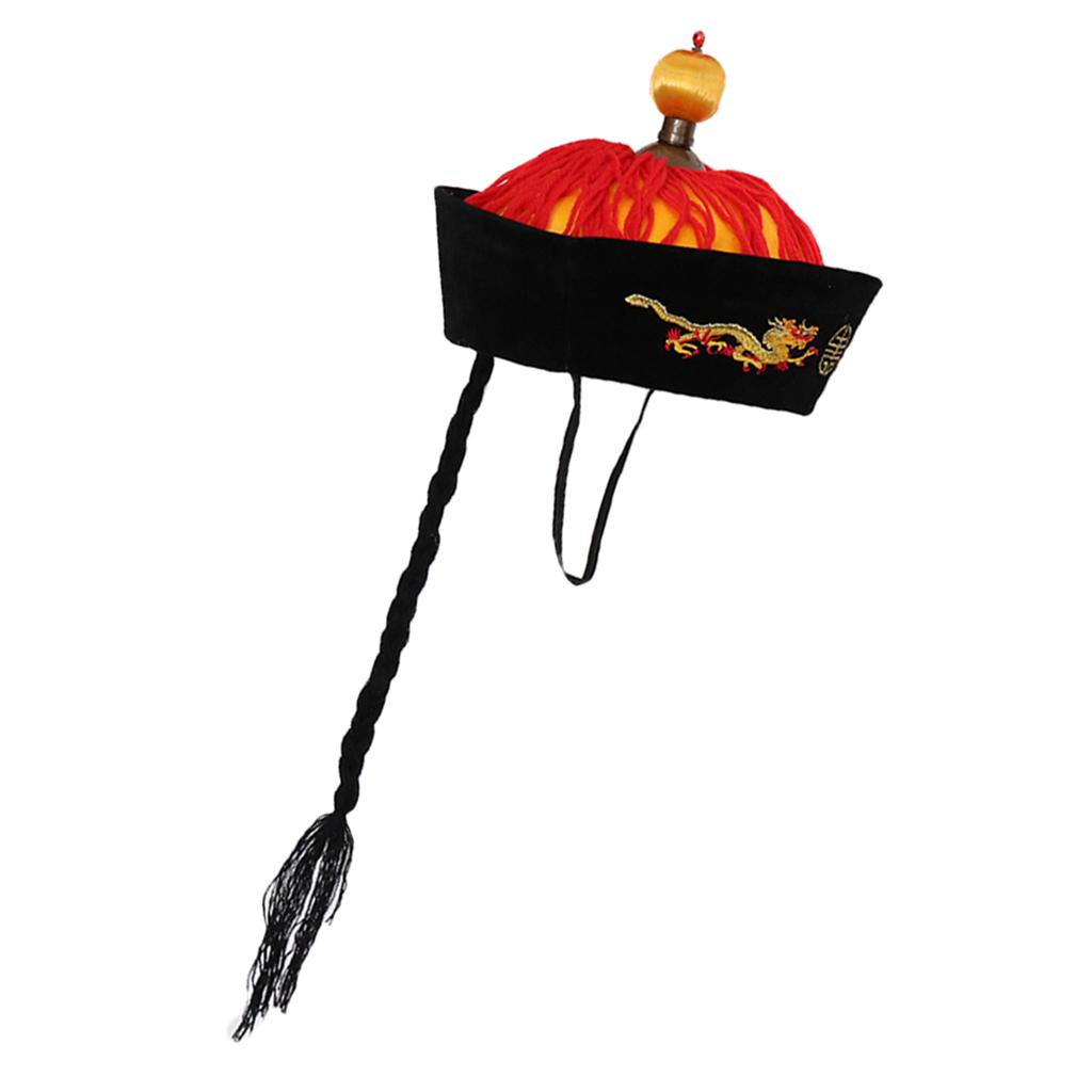 Chinese Oriental Emperor Hat with Braids Ponytail Fancy Dress Party Cap ...