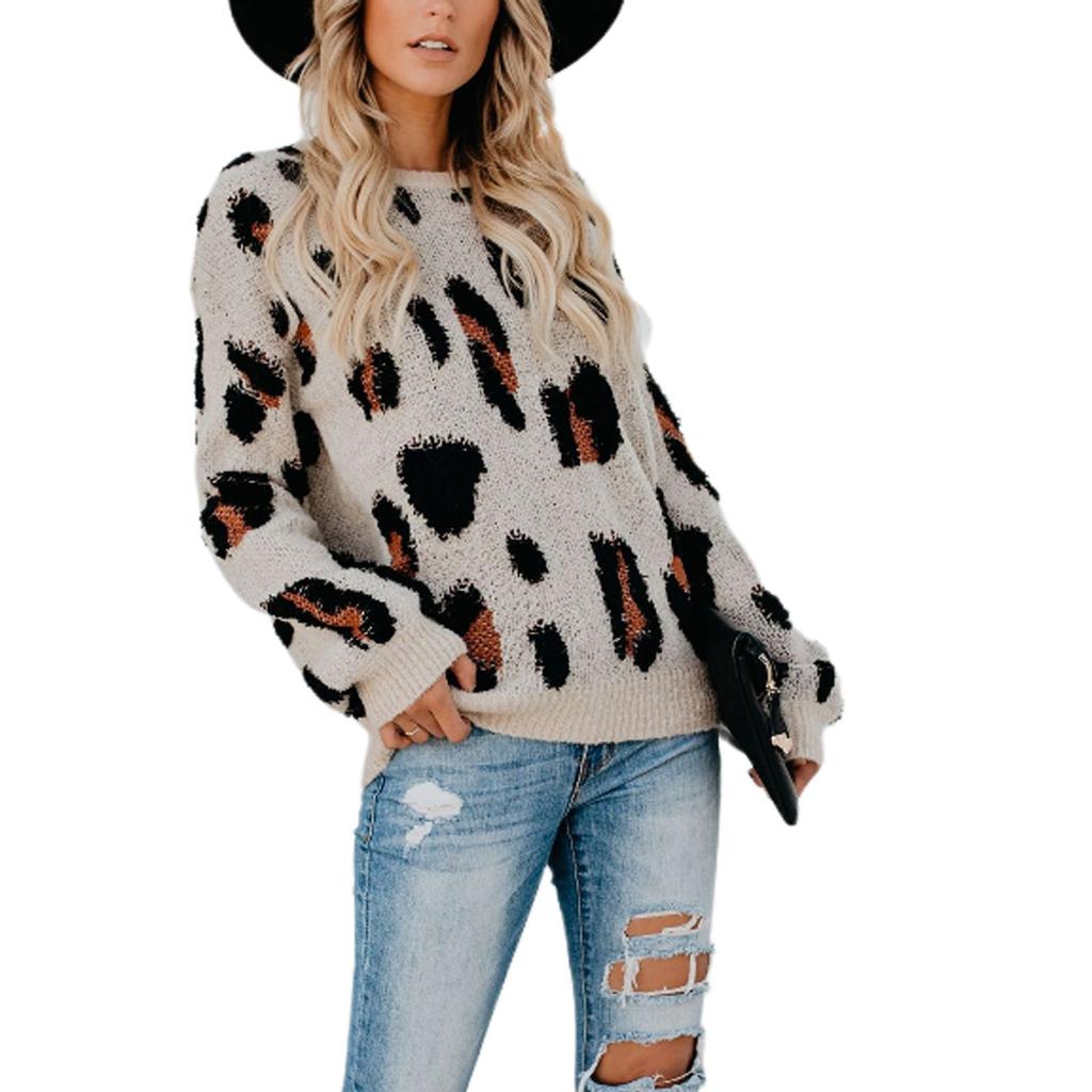 Ladies Casual Long-Sleeved Leopard Print Round Neck Pullover Sweater ...