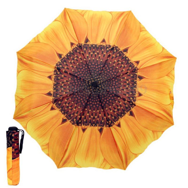 Women's Umbrella Three-folding Sunflower Coating 3D Flower Print Sunny ...