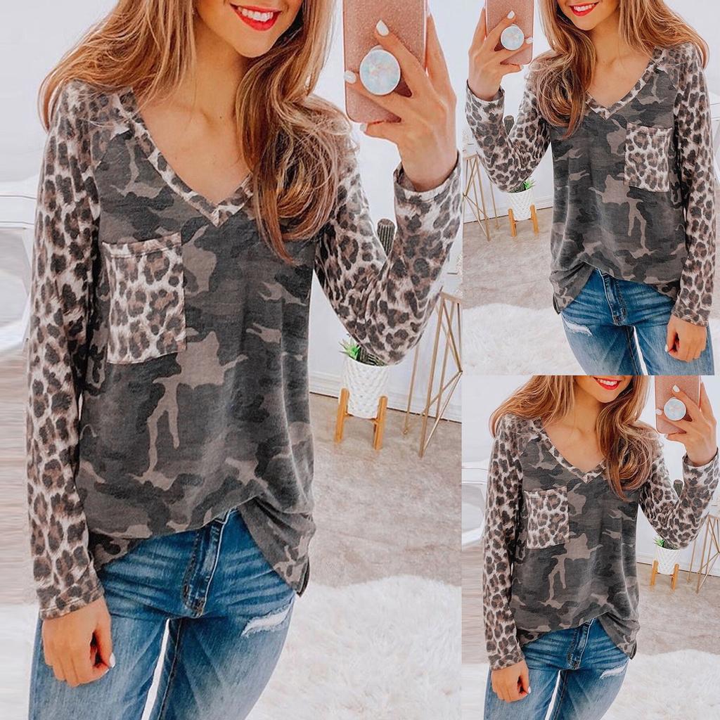 Buy Fashion Women Camouflage V Neck Leopard Print Long Sleeve Loose ...
