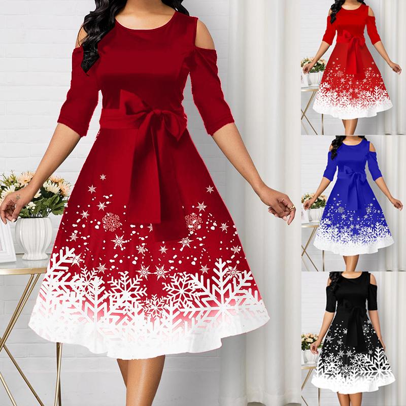 Buy Xmas Women's Snowflake Print Christmas Party Dress Cold Shoulder A ...
