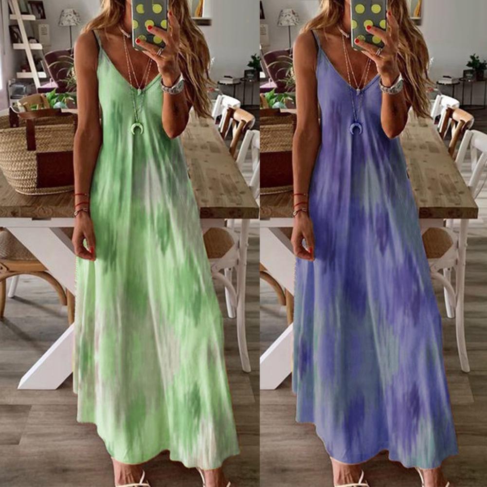 Buy Women Casual Tie Dye Print Sleeveless Backless V Neck Loose Big Hem ...