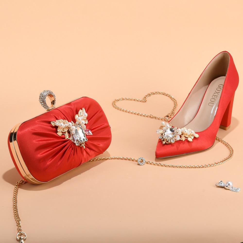 Buy Women 'S Pumps Bag Suit Pearl Satin Red Crystal Floral Pointed Toe ...