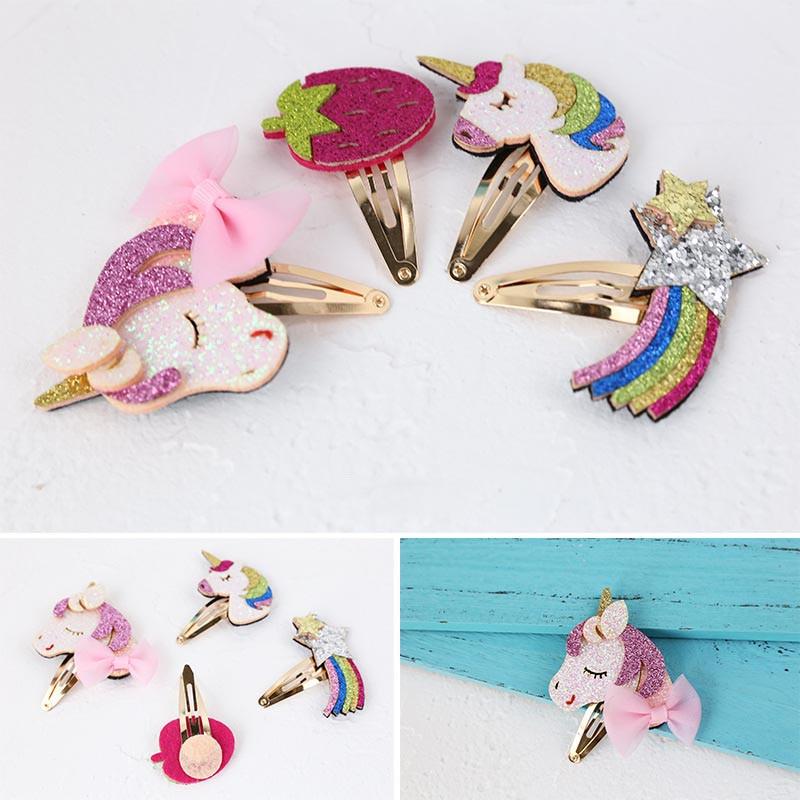 Metallic Glitter Rainbow Unicorn Strawberry Snap Hair Clips Girls Cute ...