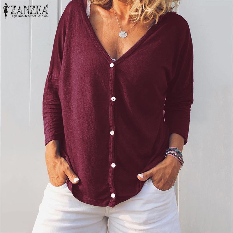 Buy ZANZEA Casual Women V Neck Buttons Open Knitting Top Blouse Autumn ...