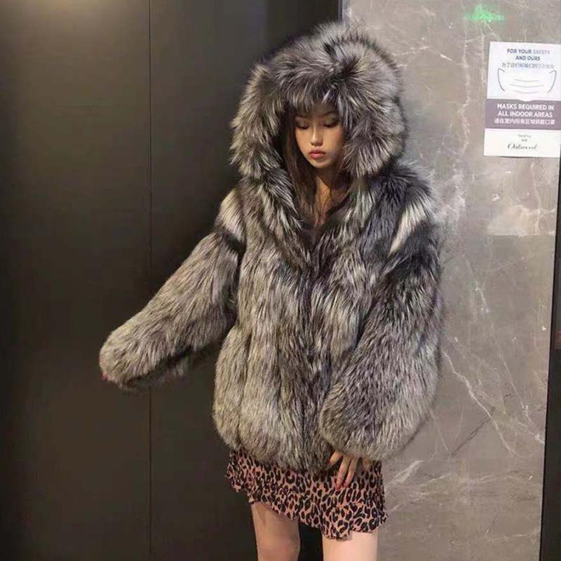 Buy Winter Fashion Women Faux Silver Fox Fur Coat Hooded Front Zipper ...