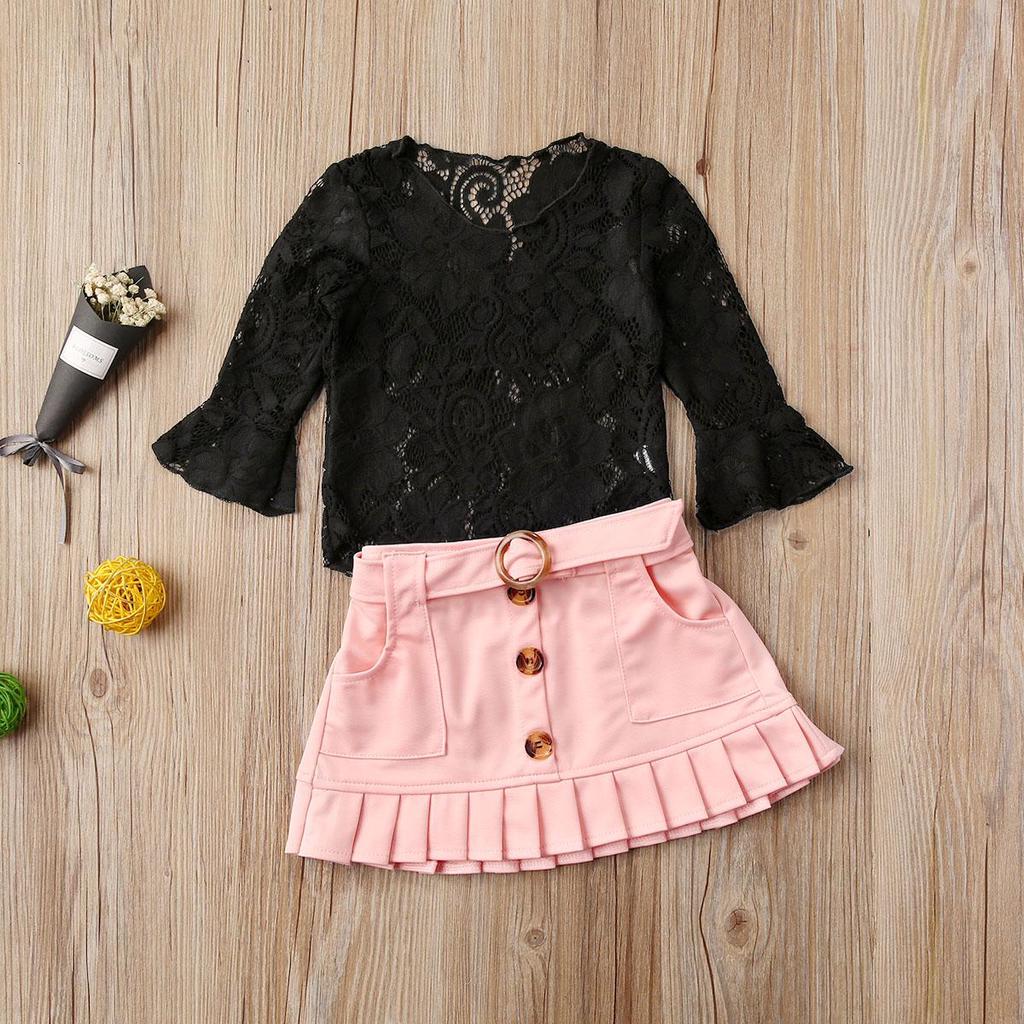 Kid Girls Long Sleeve Round Neck Lace Top and Solid Color Skirt Set ...