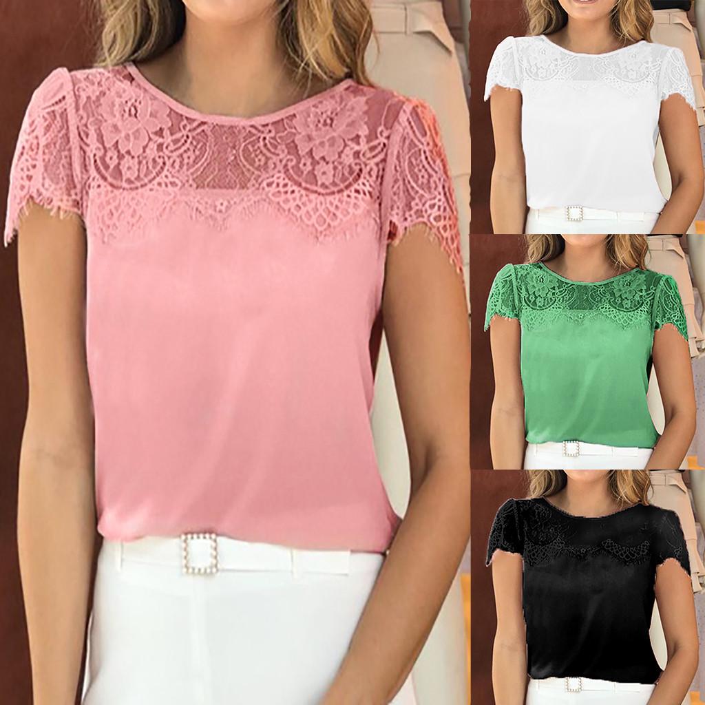 BB Womens Fashion Summer Solid Color Lace Short Sleeve Plain Tops Loose ...