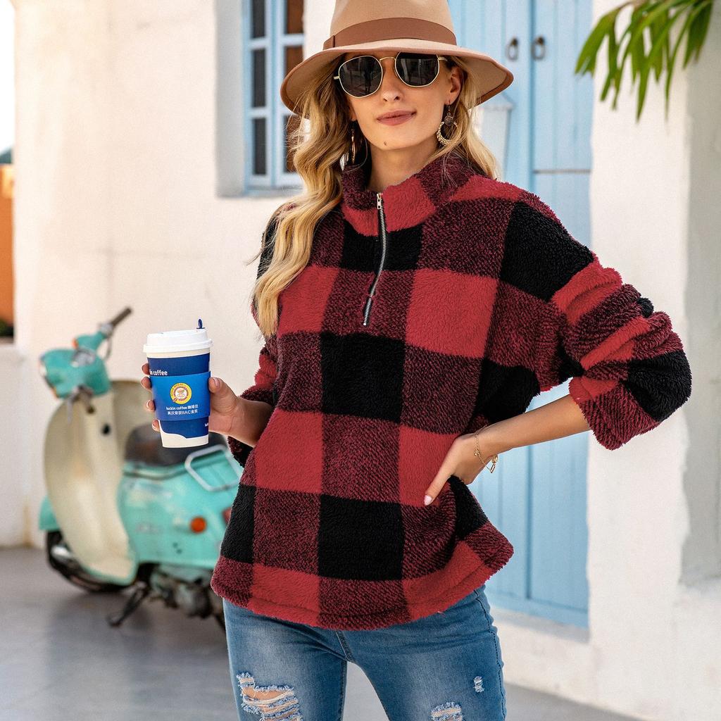 Buy Women Sweater Checker Sweaters Jumpers Loose High Neck Zipper Neck ...
