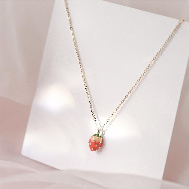 Cheap Cute Red Strawberry Pendant Necklace Clear Crystal Short Clavicle ...