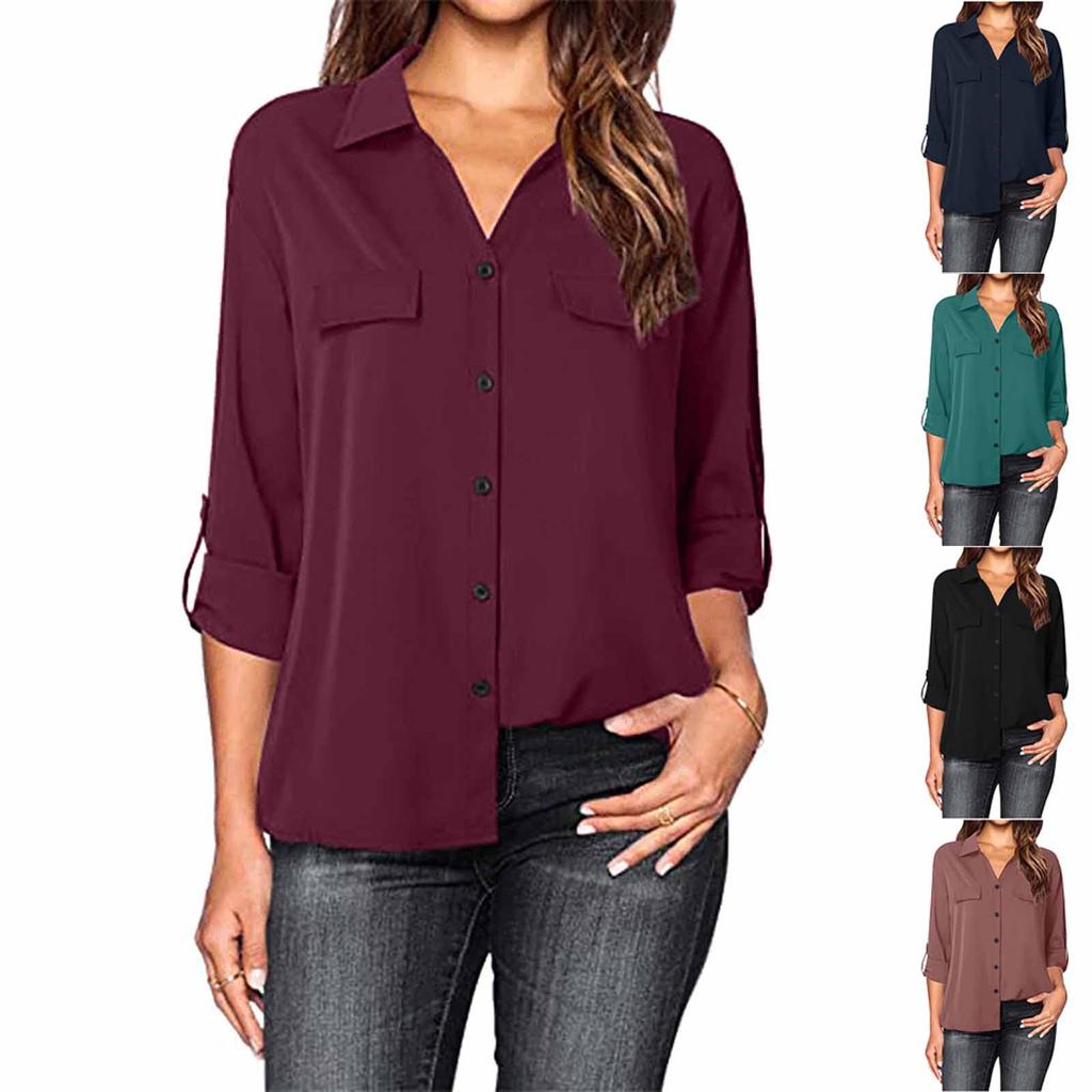 Buy Women's Fashion Casual Lapel Top Loose Buttoned Long Sleeve Solid ...