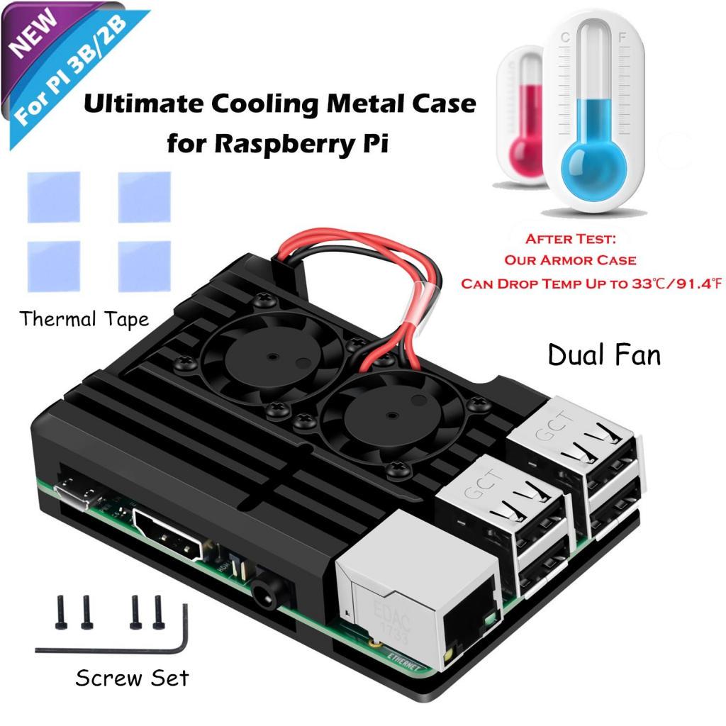Dual Fan Cooler Heatsink with Metal Case for Raspberry Pi 3B+/3B/2B+/2B ...