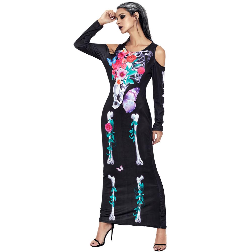 Buy Halloween Women Skeleton Print Dress Costume Bones Floral Off ...
