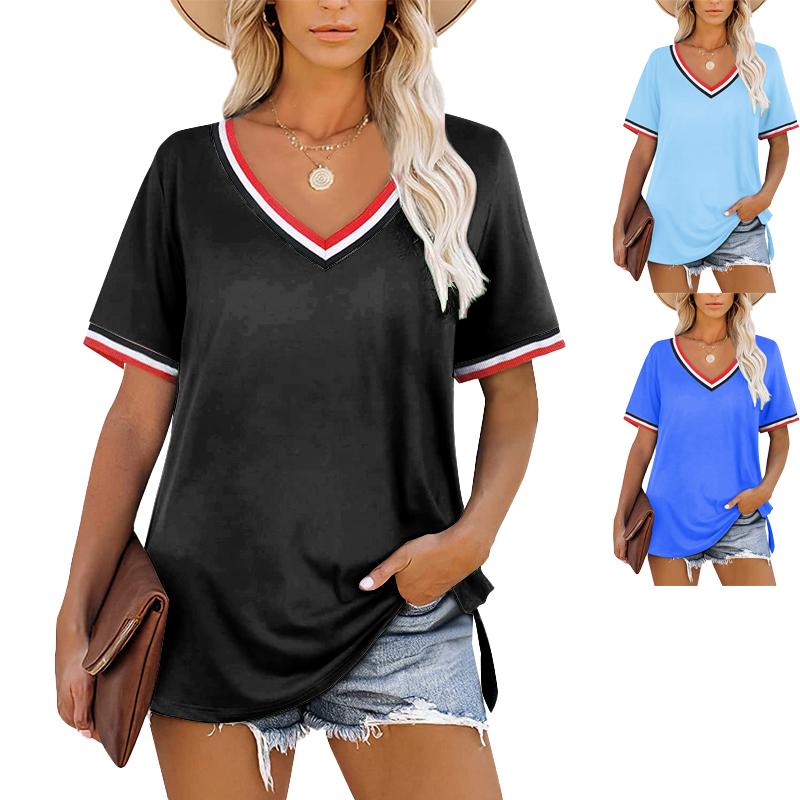 Buy Women's Solid Color Striped V-Neck T-Shirt Summer Side Slit Short Sleeve Tops Plus Size XS ...