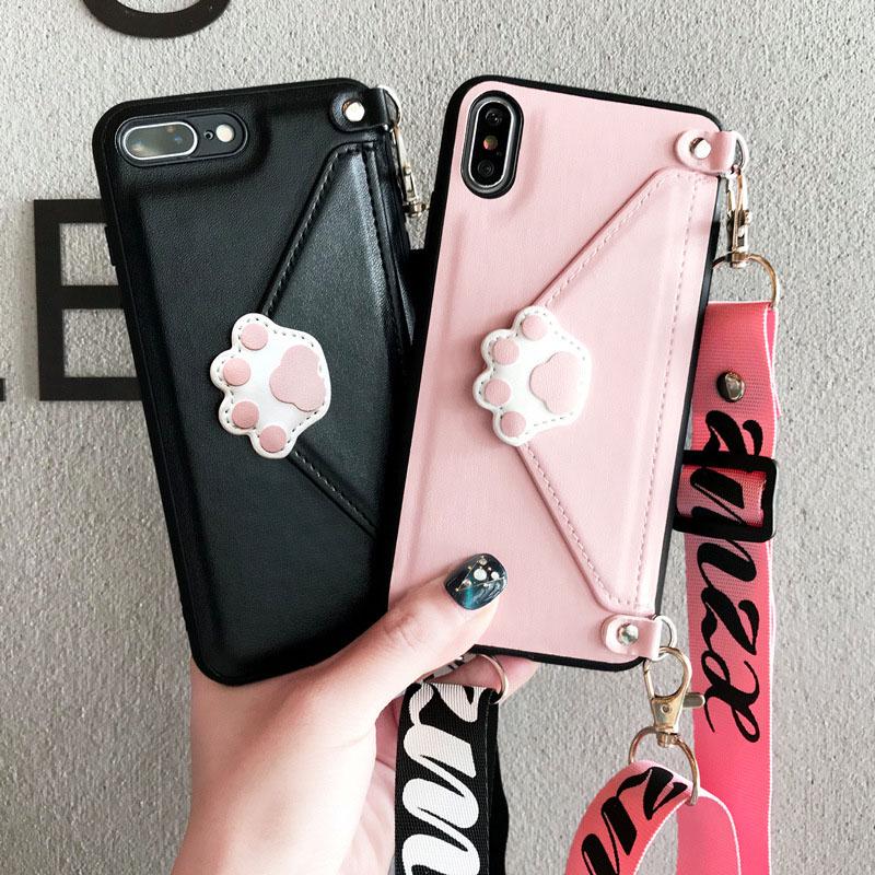 Buy Cute Cat Claw Leather Card Slot With Lanyard Strap Wallet Phone ...