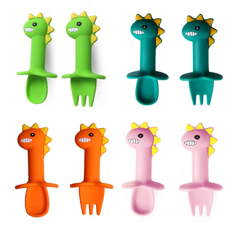 Buy Spoon Fork Set Short Handle Easy Spoon Soft Silicone Dinosaur Spoon ...