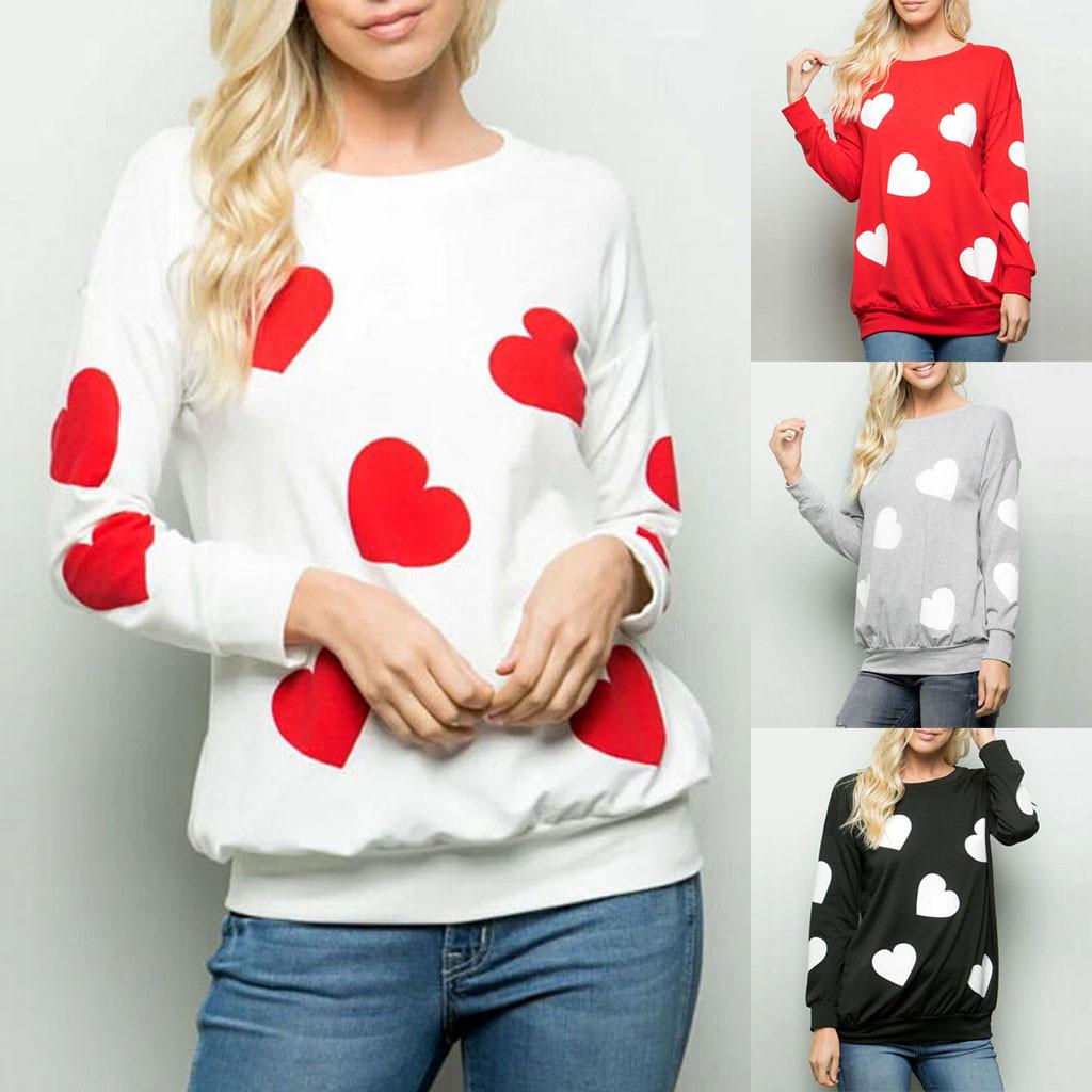 Buy Womens Long Sleeve Heart Prints Blouse O Neck Valentines Tshirt ...