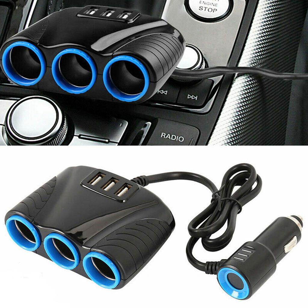 Buy 12V 3 Way Car Lighter Socket Plug & 3 USB Ports Charger Power ...