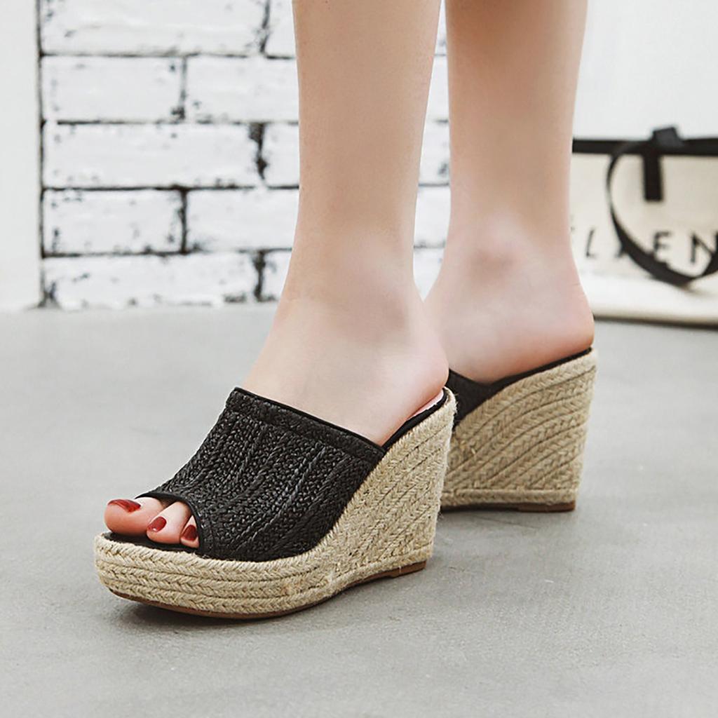 Womens Platform Wedge Sandals Woven Vamp Backless Heeled Slippers Peep ...
