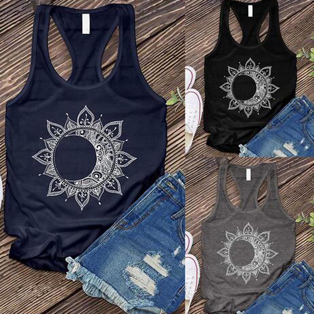 [rookiea] Kadın Modaya Uygun Kadın Rahat Moda Sun Moon Baskılı Kolsuz ...