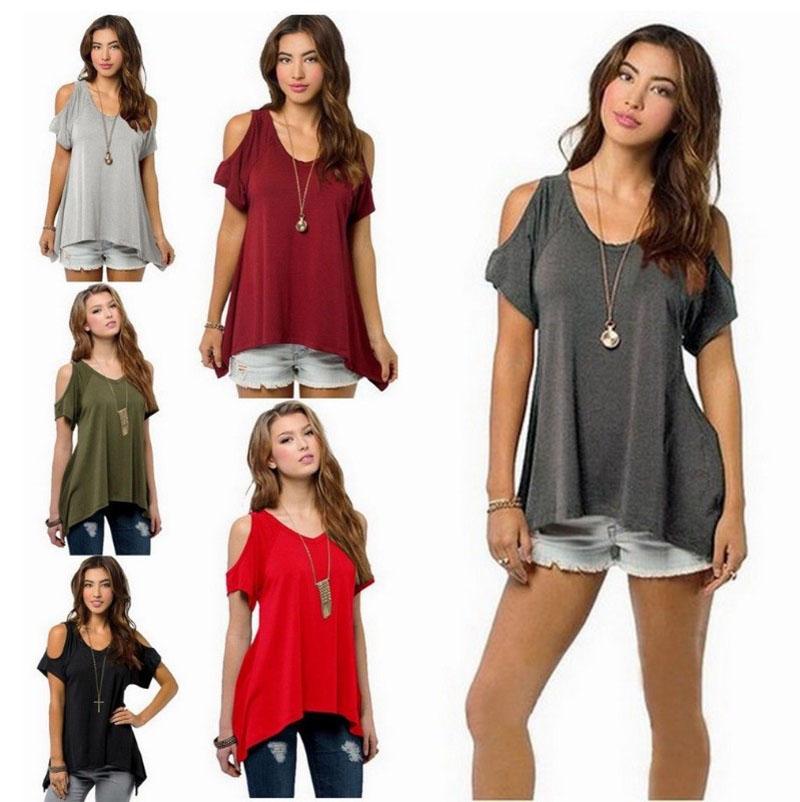 Buy Summer V-neck Solid Color Cotton Women T-shirt Short Sleeve Tops at ...