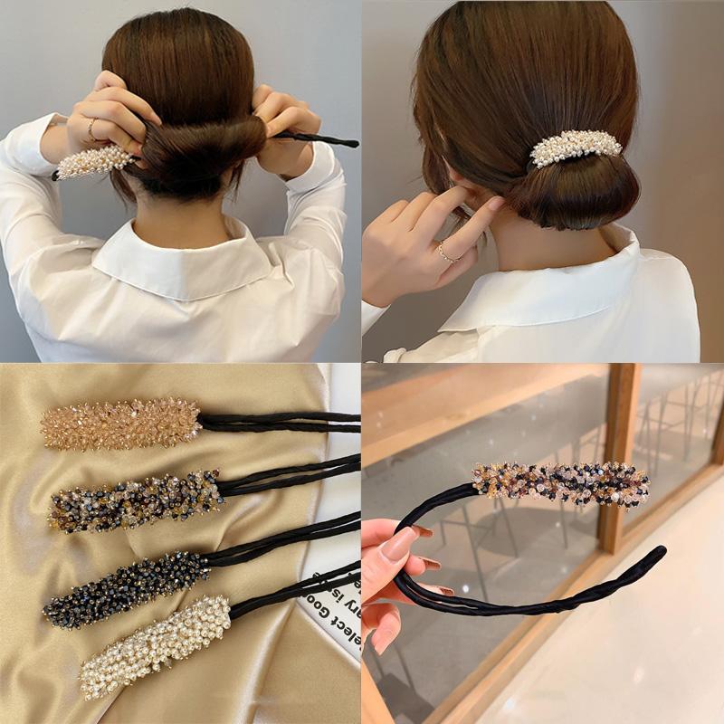💰Kjøp Woman Rhinestone Pearl Flower Hair Bun Maker DIY Hairstyle Tool ...