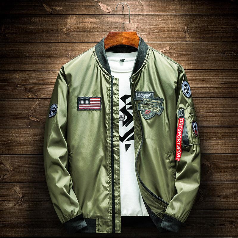 Army Green Bomber Jacket Men Fashion American Flag Patch Designs Pilot ...