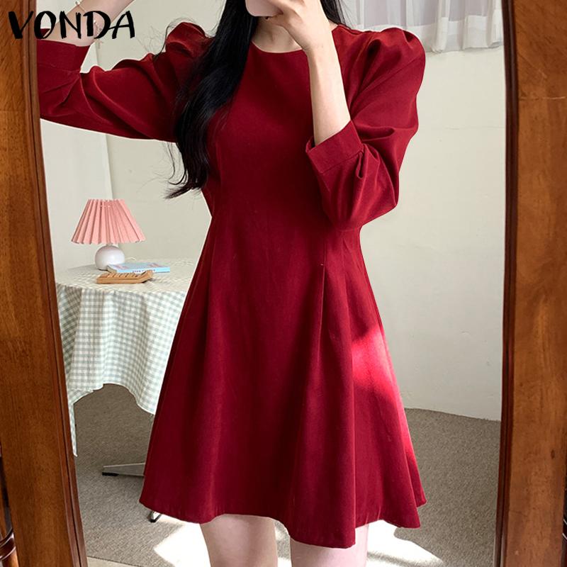 VONDA Bahar Bayan Moda Pileli Kısa Elbiseler O Boyun Katı Renk Puf ...