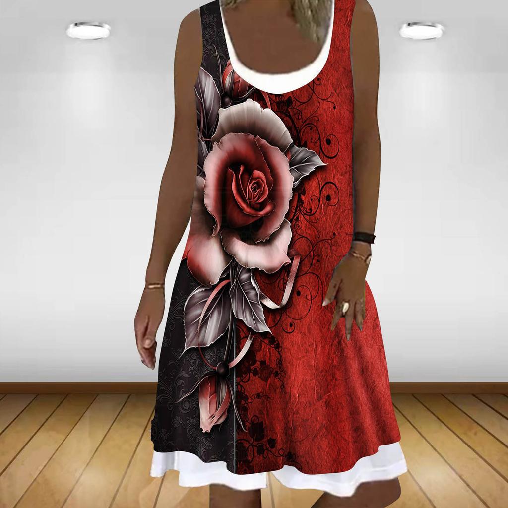 Buy Casual Printing Loose O-neck Dress Fashion Plus Size Sleeveless ...