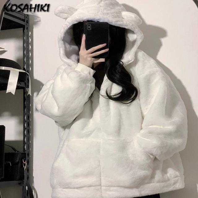Cheap Japanese Fluffy Coat Women Jacket Warm Outwear Hooded White ...