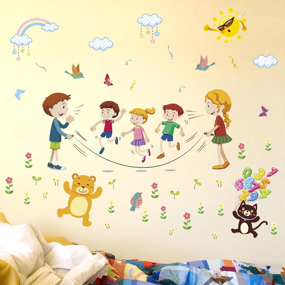 Cheap Removable Cartoon Animal Happy Jump Rope Wall Sticker Bedroom ...