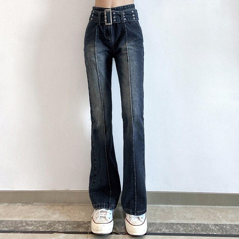 Buy Retro Streetwear High Waist Flare Jeans Grunge Sashes Boot Cut ...