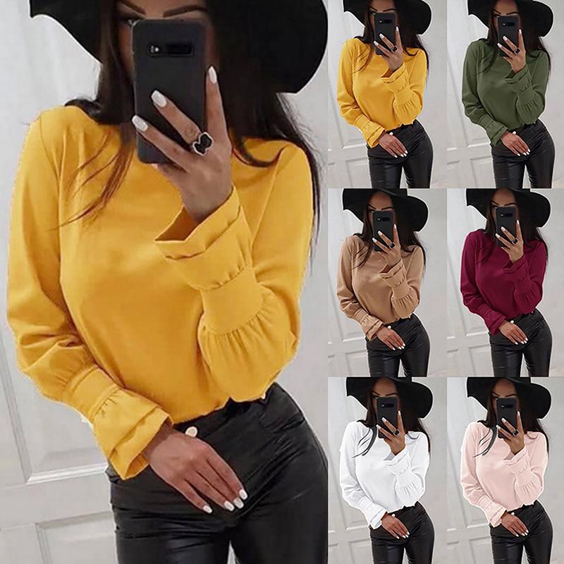 Women Solid Color Blouses T-Shirts Long Sleeve Casual Loose Elegant O ...