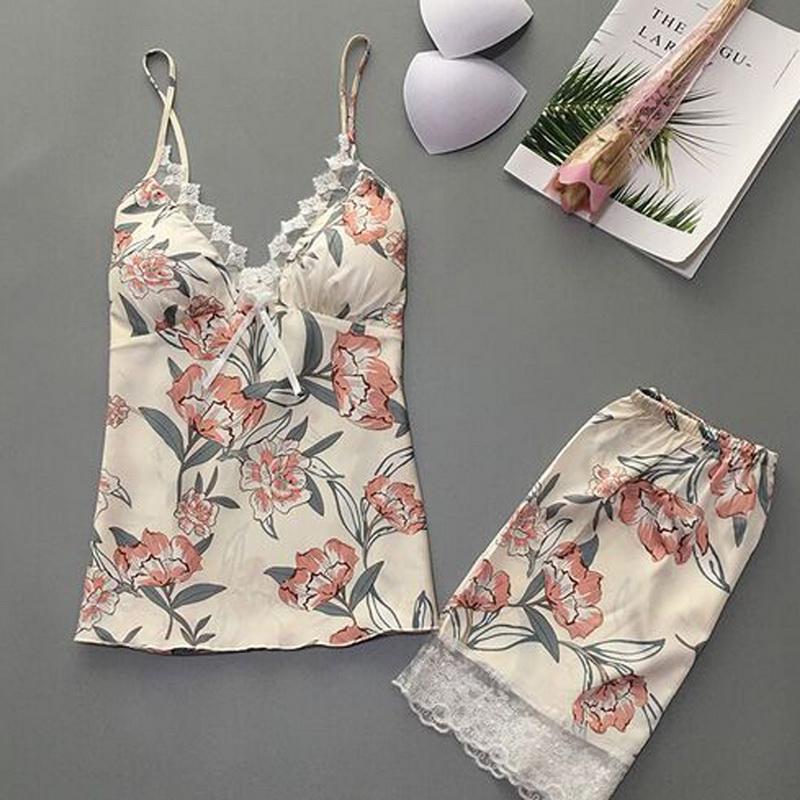 Buy Women V Shaped Lace Design Back Satin Sleepwear Set Flower Print ...
