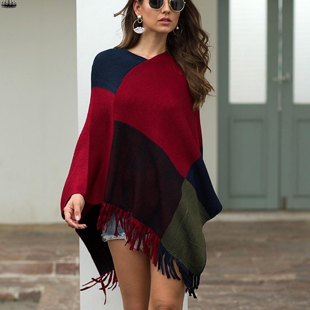 Women V-Neck Irregular Patchwork Cloak Loose Shawl Cardigan Sweater ...