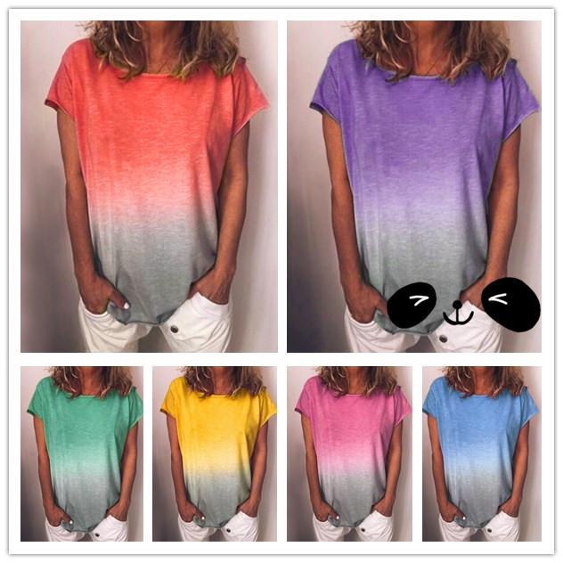 Buy Women's Casual Gradient Color Short Sleeved T-Shirt Tunic Blouse ...